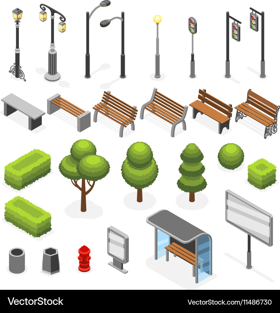Isometric city street outdoor objects set Vector Image