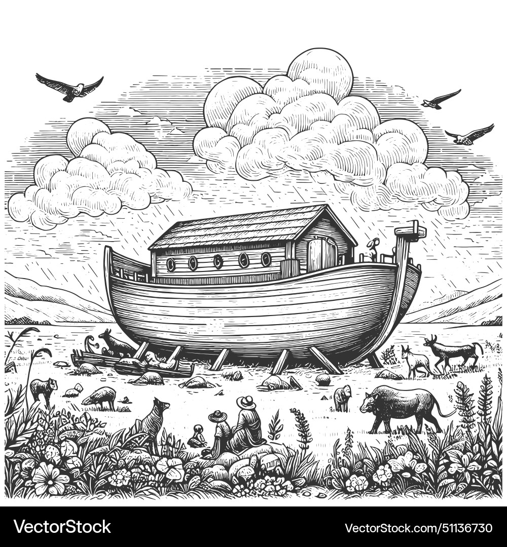 Noah ark engraving sketch Royalty Free Vector Image