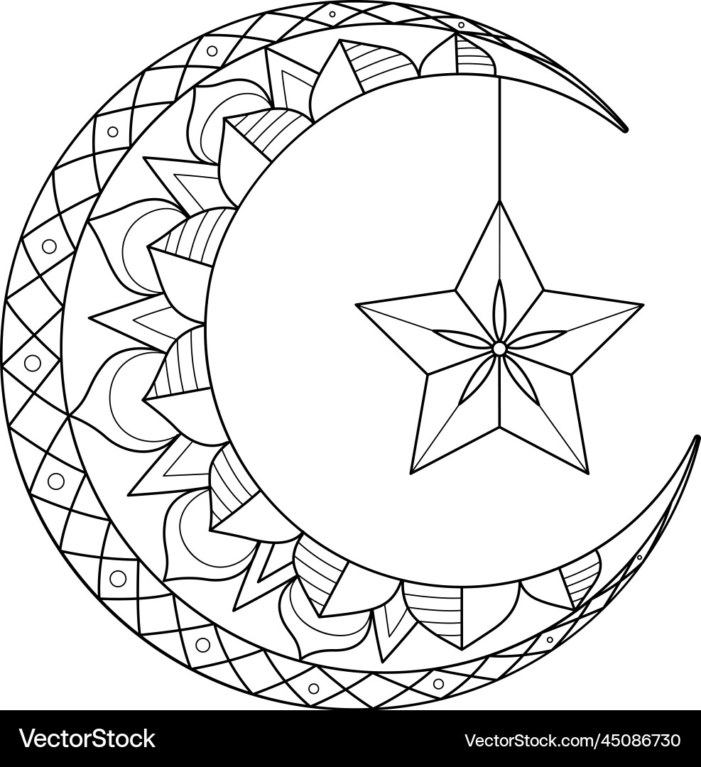 Ramadan Crescent Moon with Star Coloring Page Vector Image