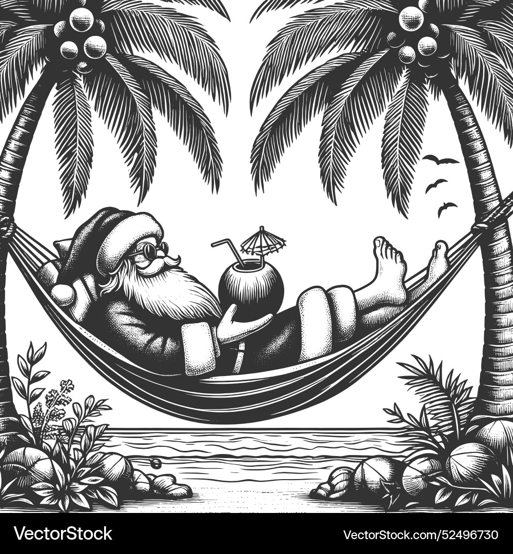 Santa relaxing in hammock by beach Royalty Free Vector Image