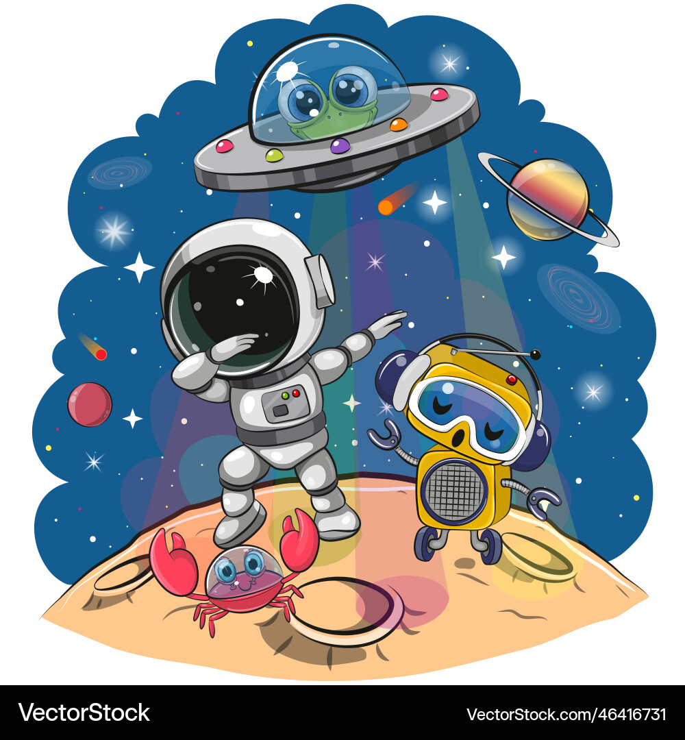 Cartoon dancing astronaut and robot Royalty Free Vector