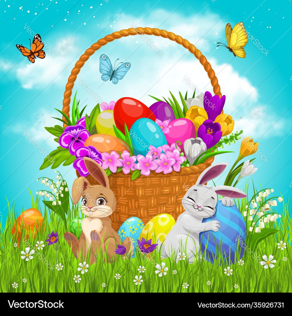 Easter basket with flowers painted eggs bunnies Vector Image