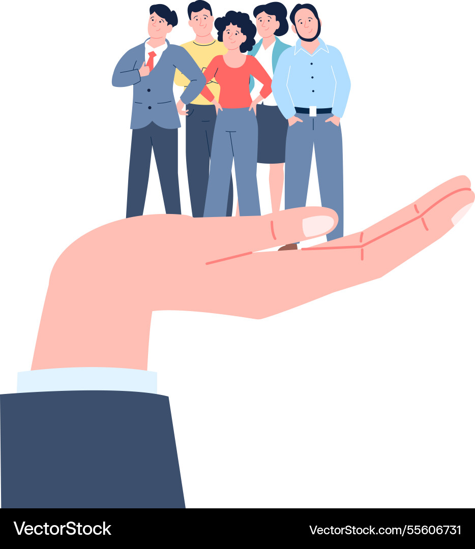 Office characters stand on giant hand work Vector Image