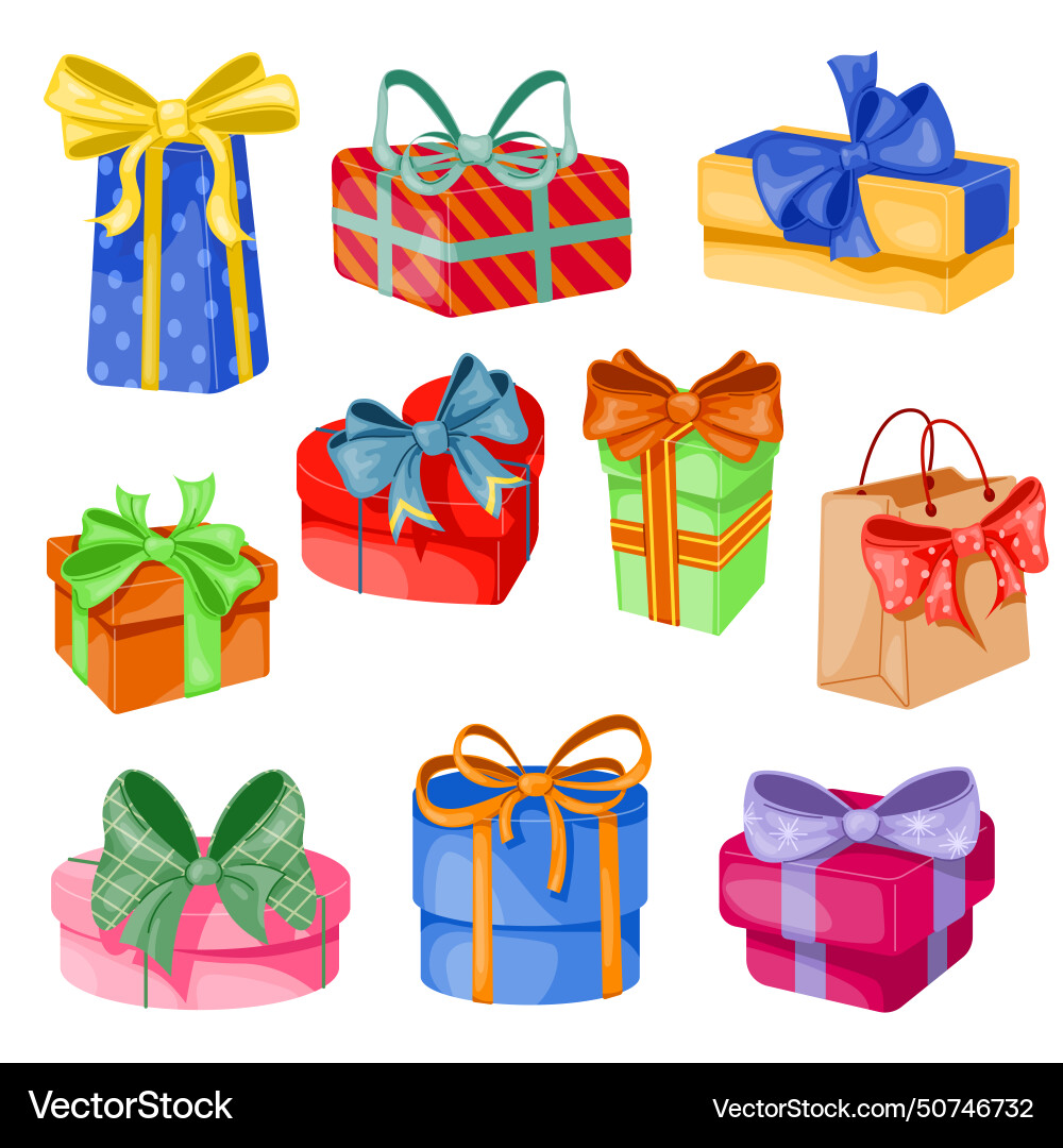 Cute gift boxes with colorful ribbon cartoon Vector Image