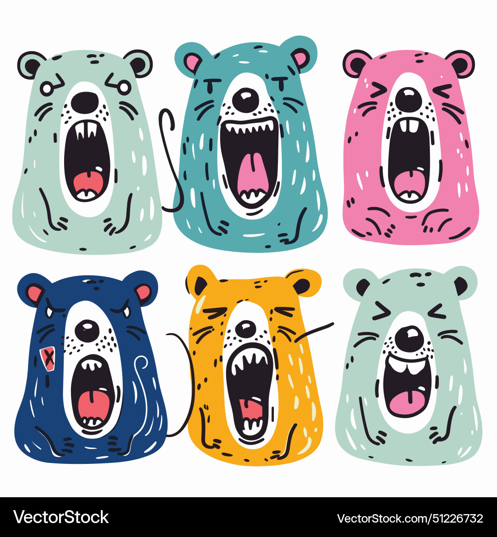 Six colorful cartoon bears exhibiting various Vector Image