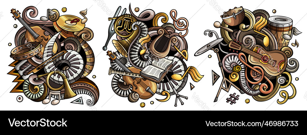 Classical music cartoon doodle designs set Vector Image