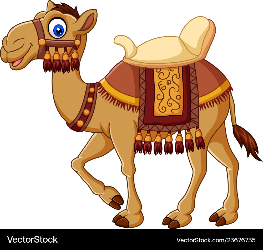 Cartoon funny camel with saddlery Royalty Free Vector Image