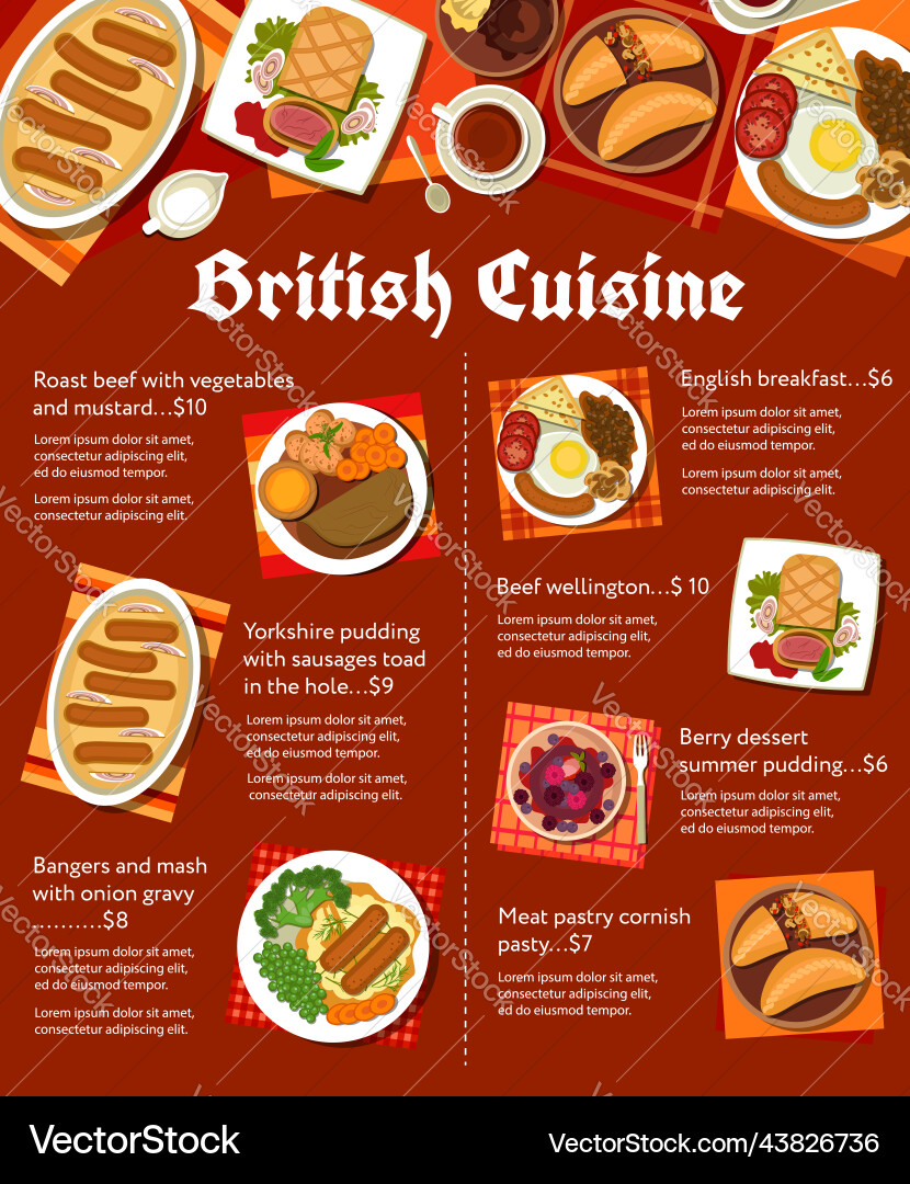 British cuisine restaurant meals menu page Vector Image