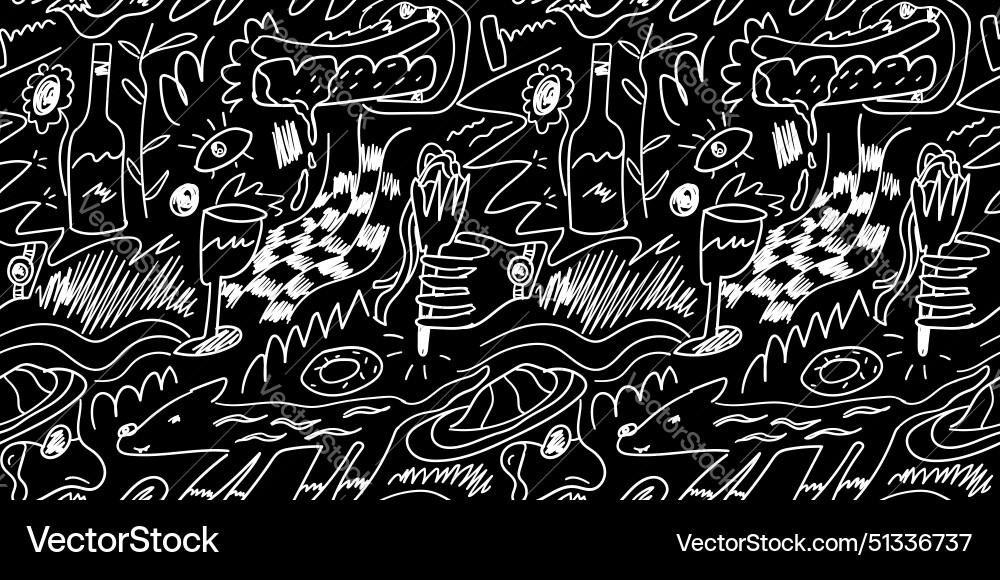 Picnic food seamless pattern on black background Vector Image