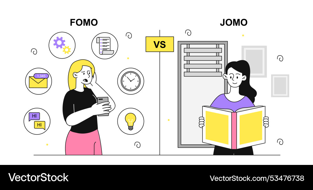 Fomo vs jomo fear of missing out versus joy Vector Image