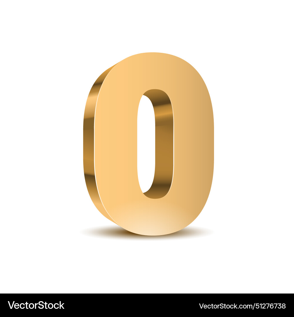 Gold 3d number 0 with a shadow on white Royalty Free Vector