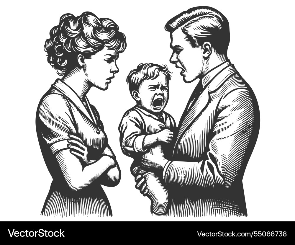 Parents arguing with crying baby engraving Vector Image