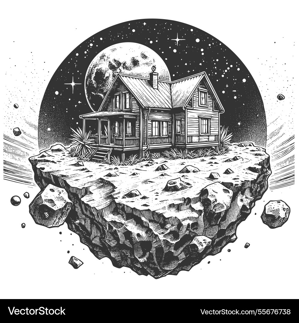 Surreal house on floating asteroid in space Vector Image