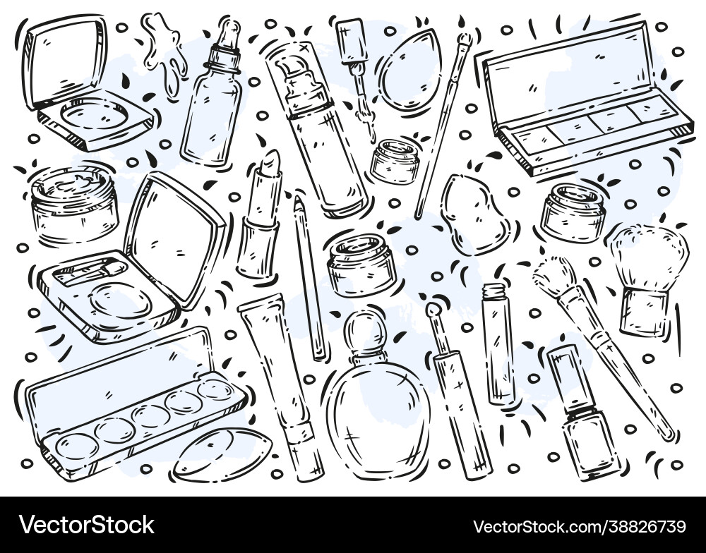Doodle line cosmetics products beauty Royalty Free Vector