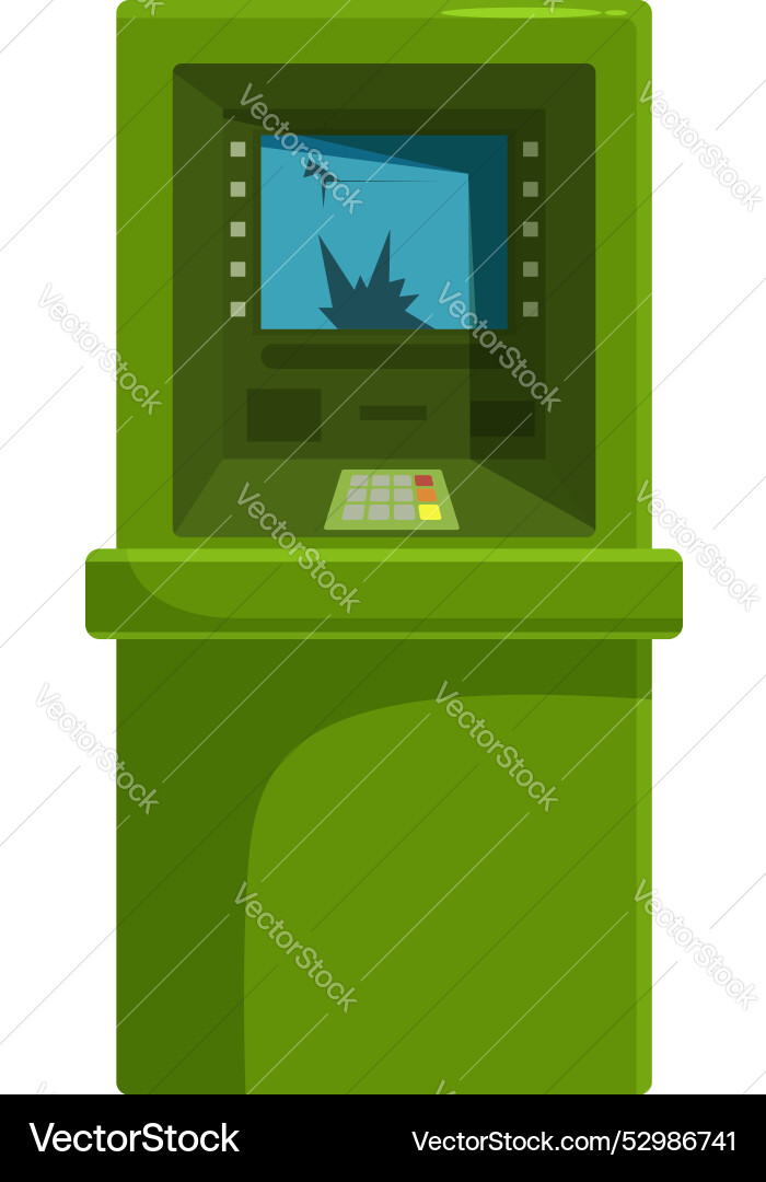 Green atm machine with cracked screen displaying Vector Image