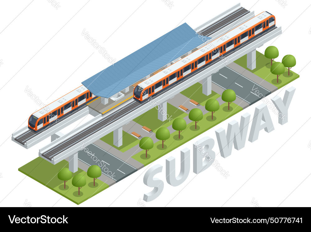 Isometric subway city train sky road Royalty Free Vector