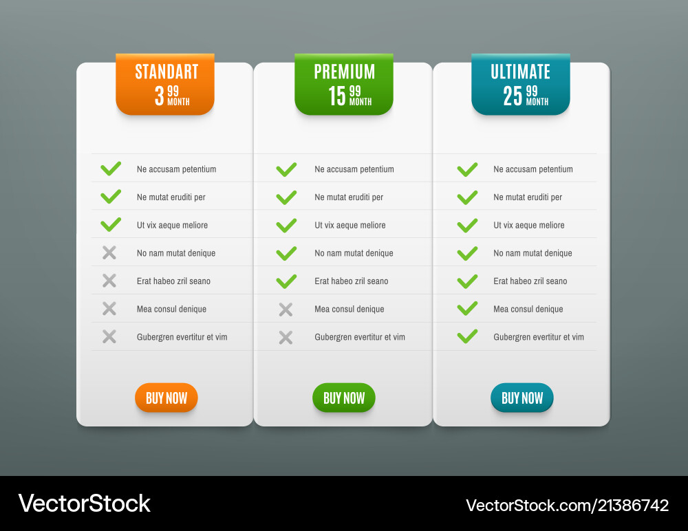 Price plans comparison infographic tab with 3 Vector Image