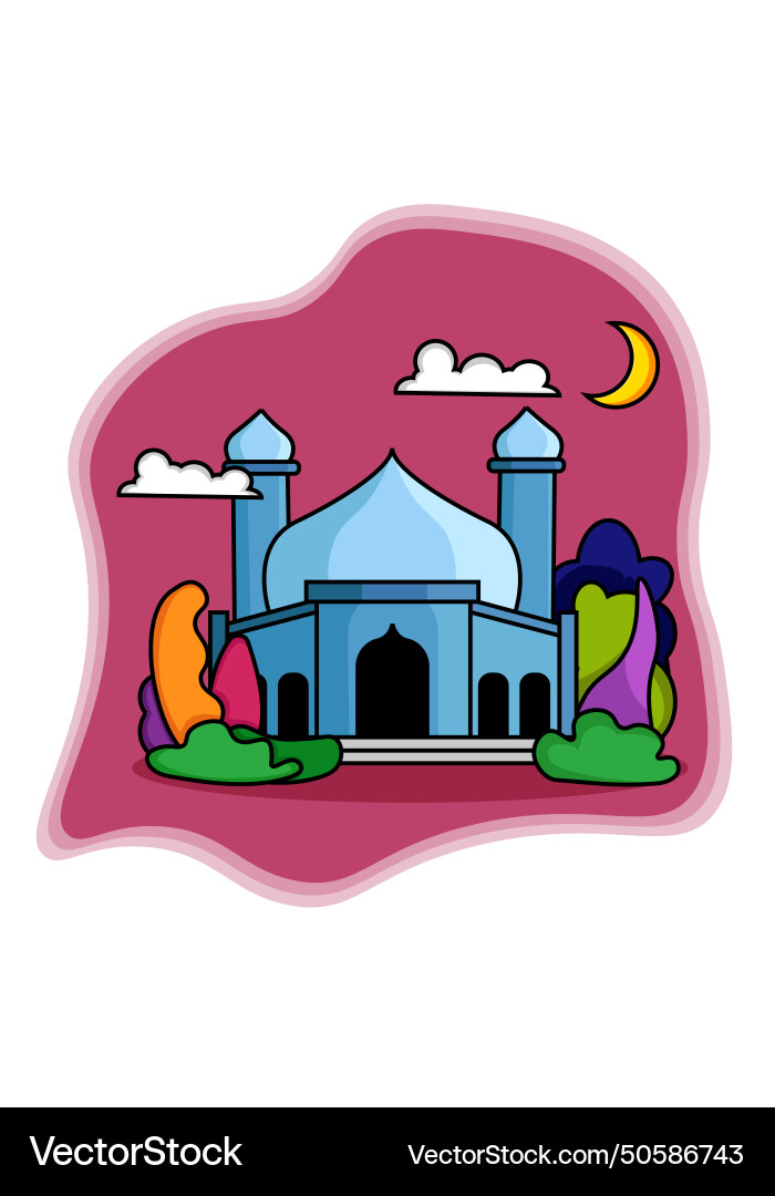 Design mosque grass moon and cloud cartoon Vector Image