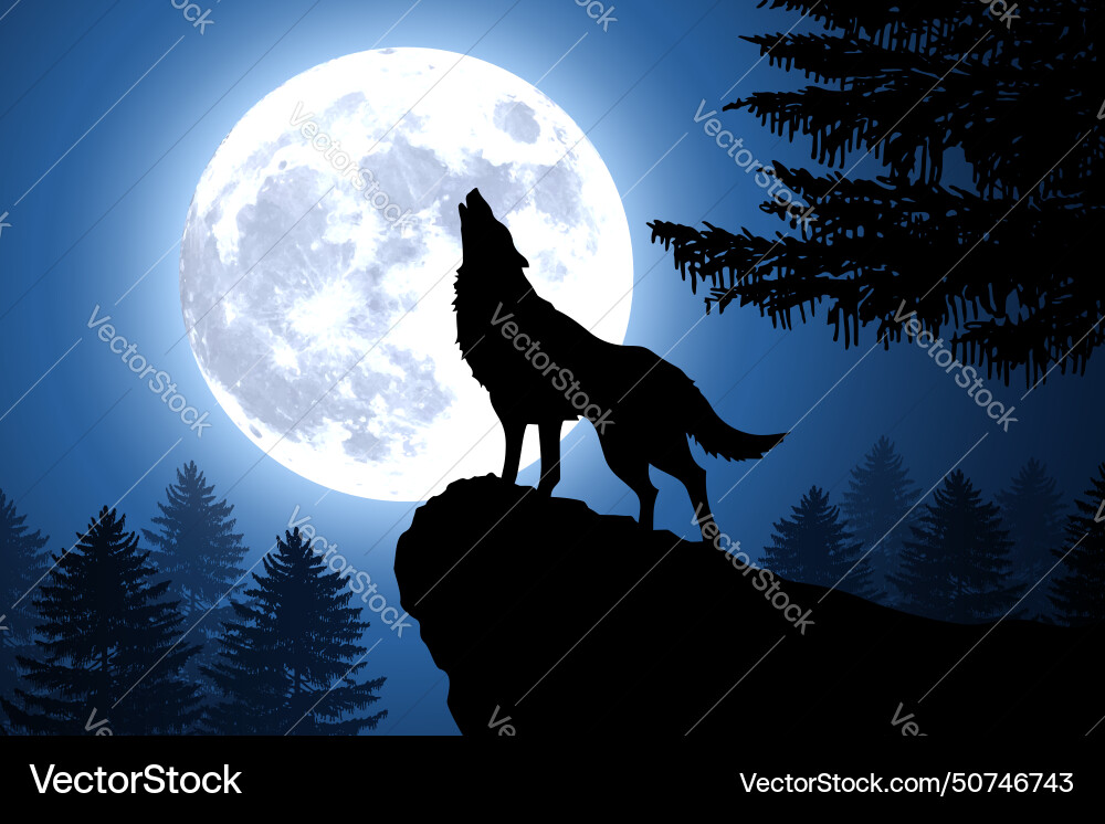 Howling wolf silhouette by full moon forest Vector Image