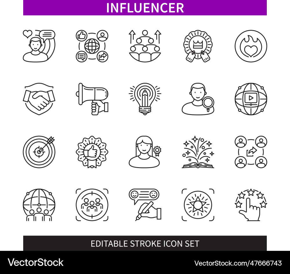 Influencer editable stroke icon set Royalty Free Vector