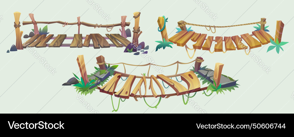 Hanging old bridge with rope stones and grass Vector Image