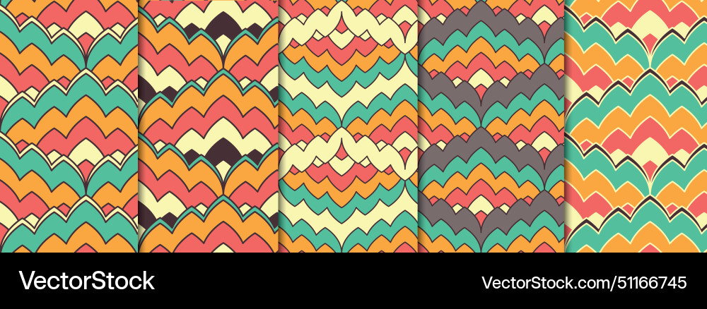 5 seamless patterns set with geometric flame Vector Image