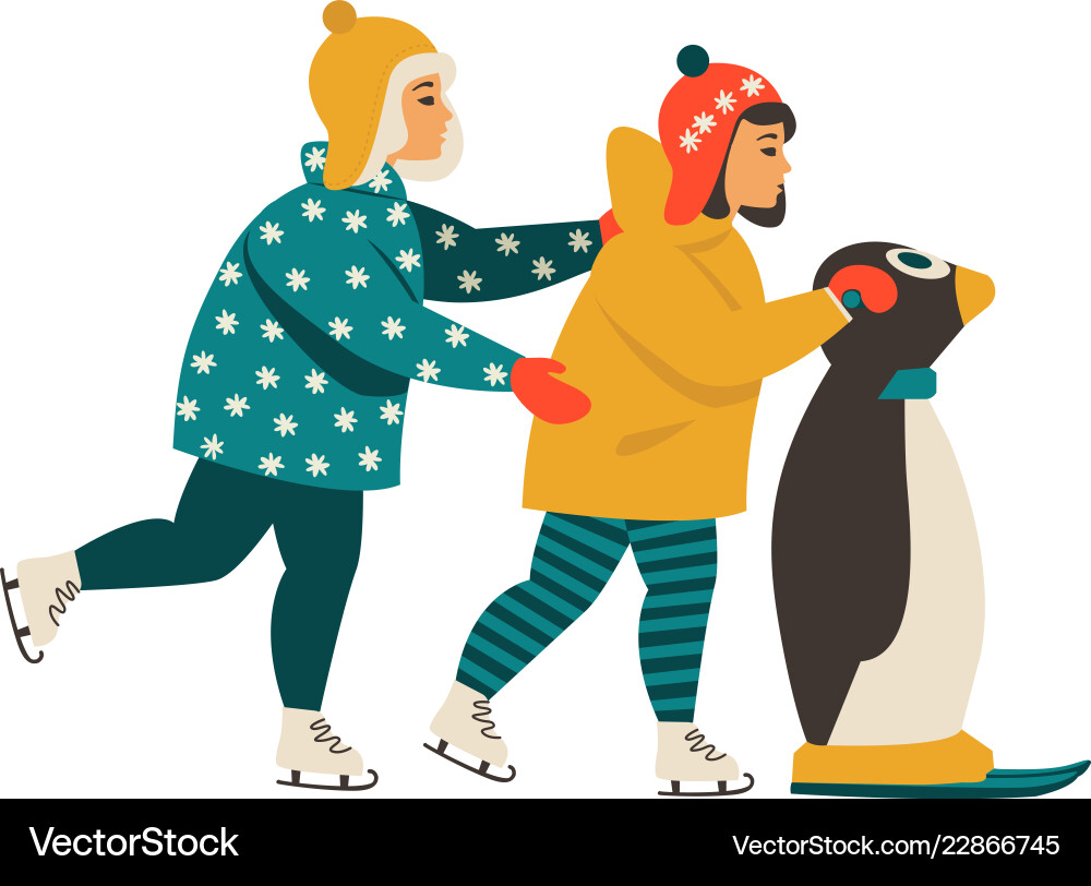 Children learn ice skating while holding Vector Image Children learn ice skating while holding Vector Image