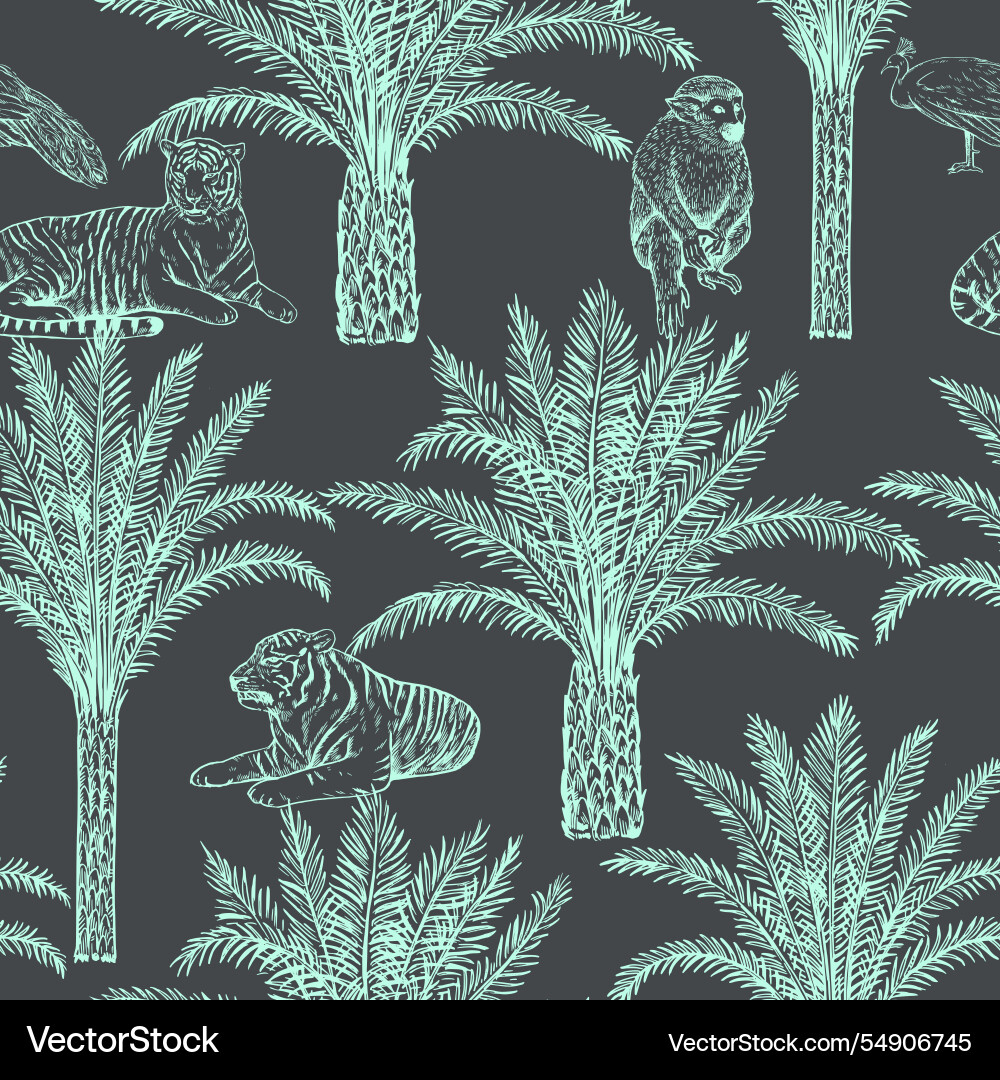 Toile de jouy seamless pattern with palms tiger Vector Image