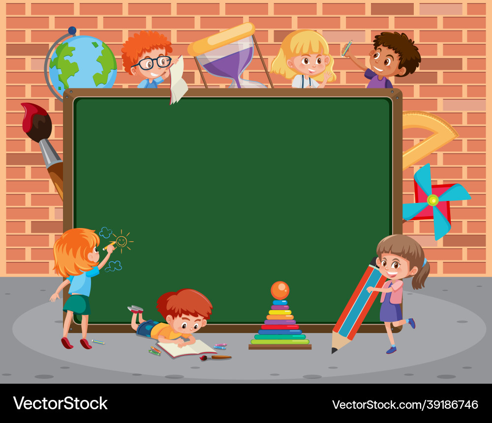 Empty blackboard with many school kids cartoon Vector Image