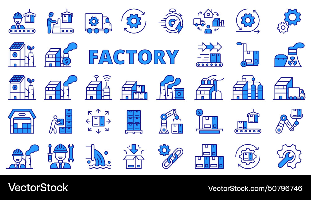 Factory icons in line design blue industry Vector Image