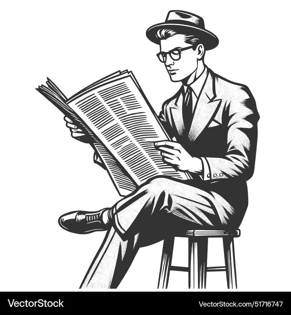 Man reading newspaper engraving sketch Royalty Free Vector