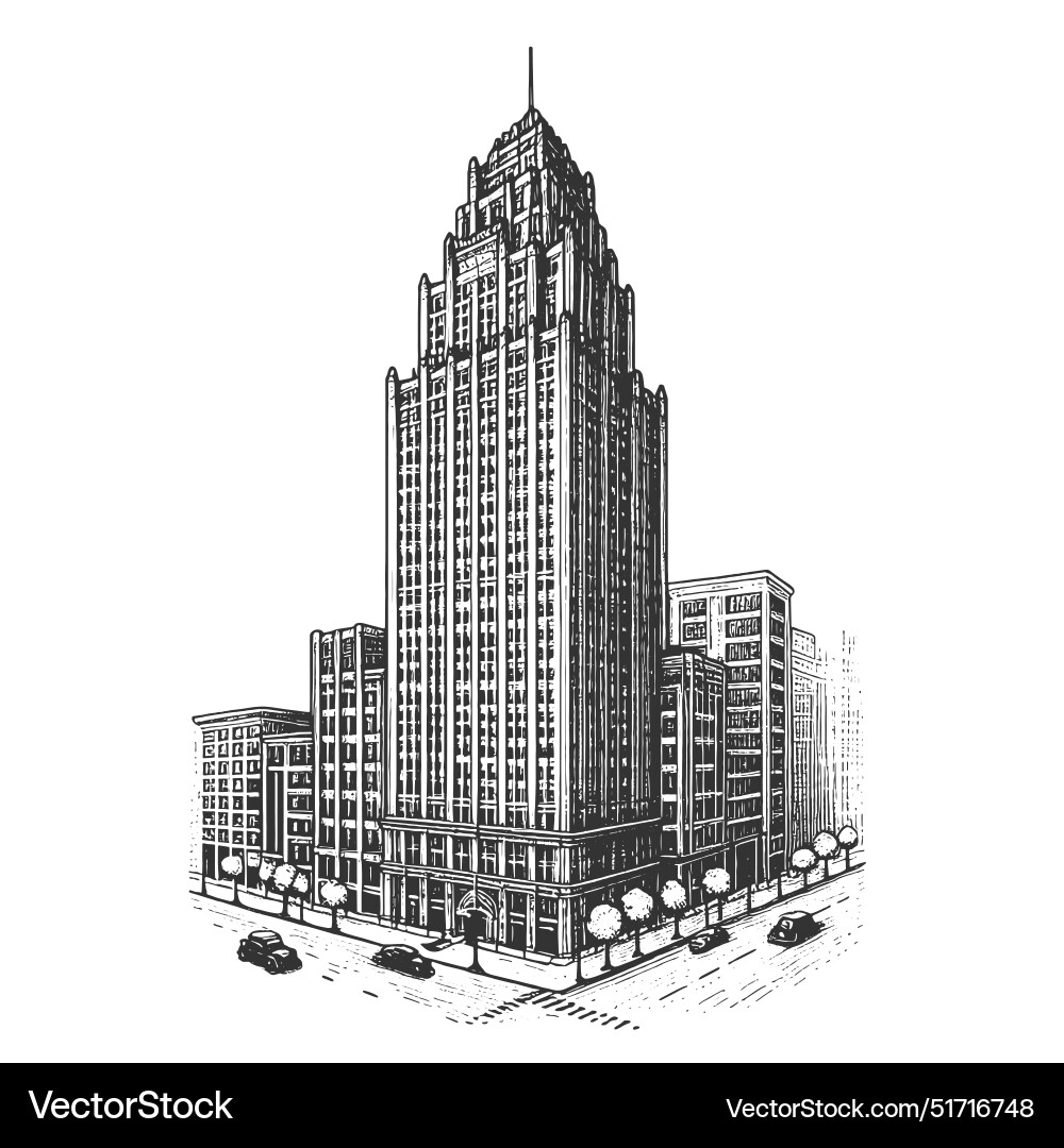 Cityscape with historic building engraving Vector Image