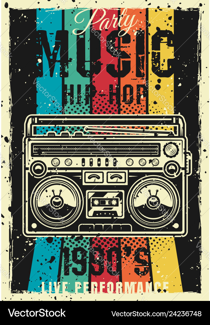 Retro party 90s colored poster with boombox Vector Image