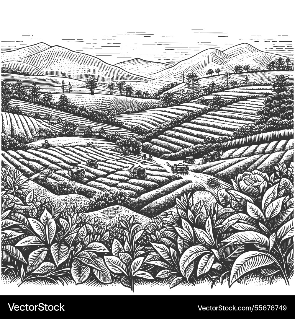 Tea plantation engraving Royalty Free Vector Image