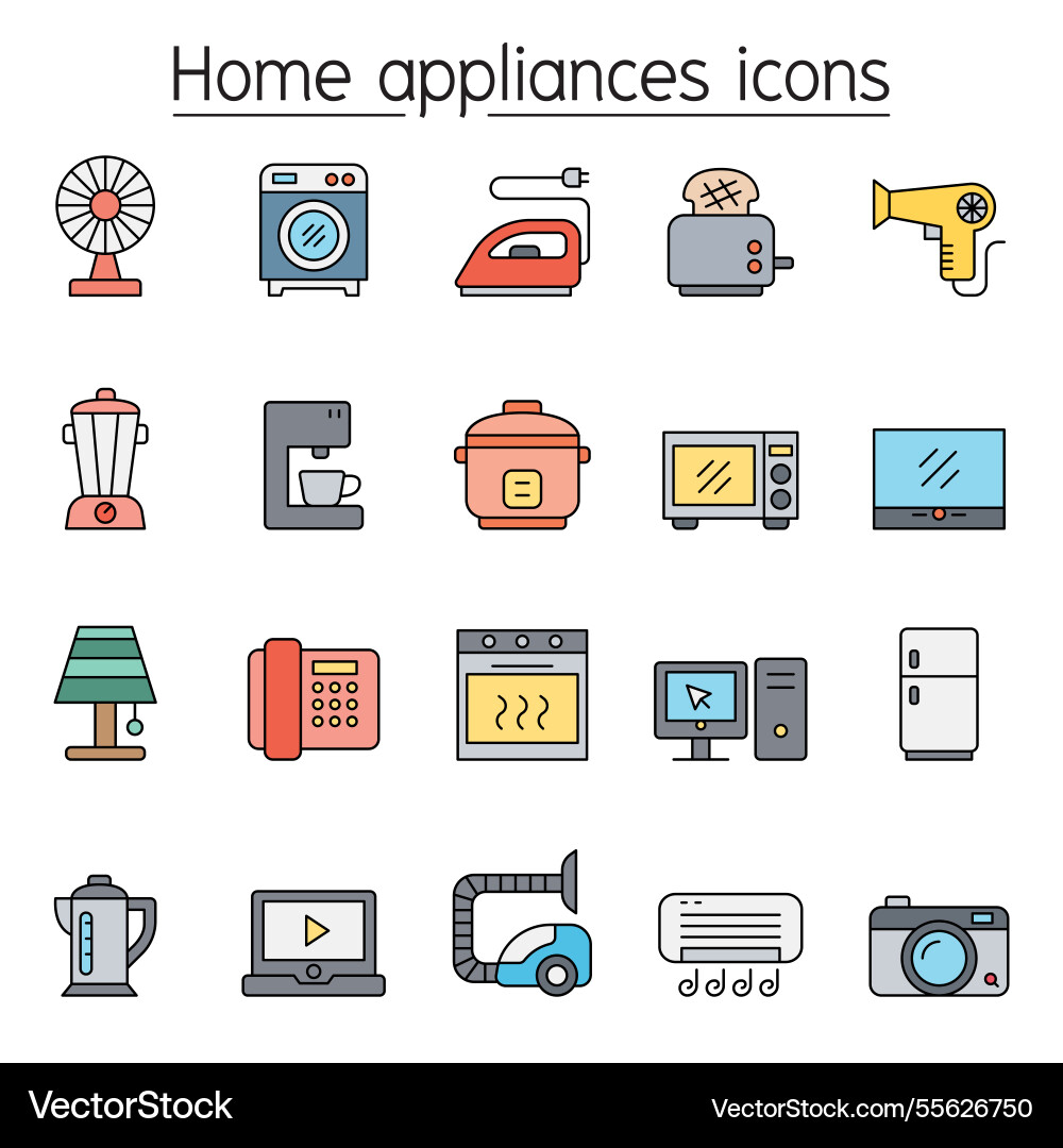 Home appliance icon set in color line style Vector Image