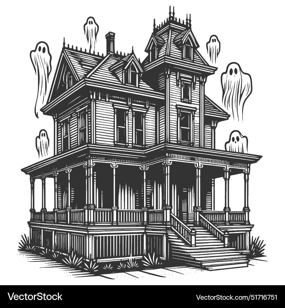 Haunted house with ghost engraving sketch Vector Image