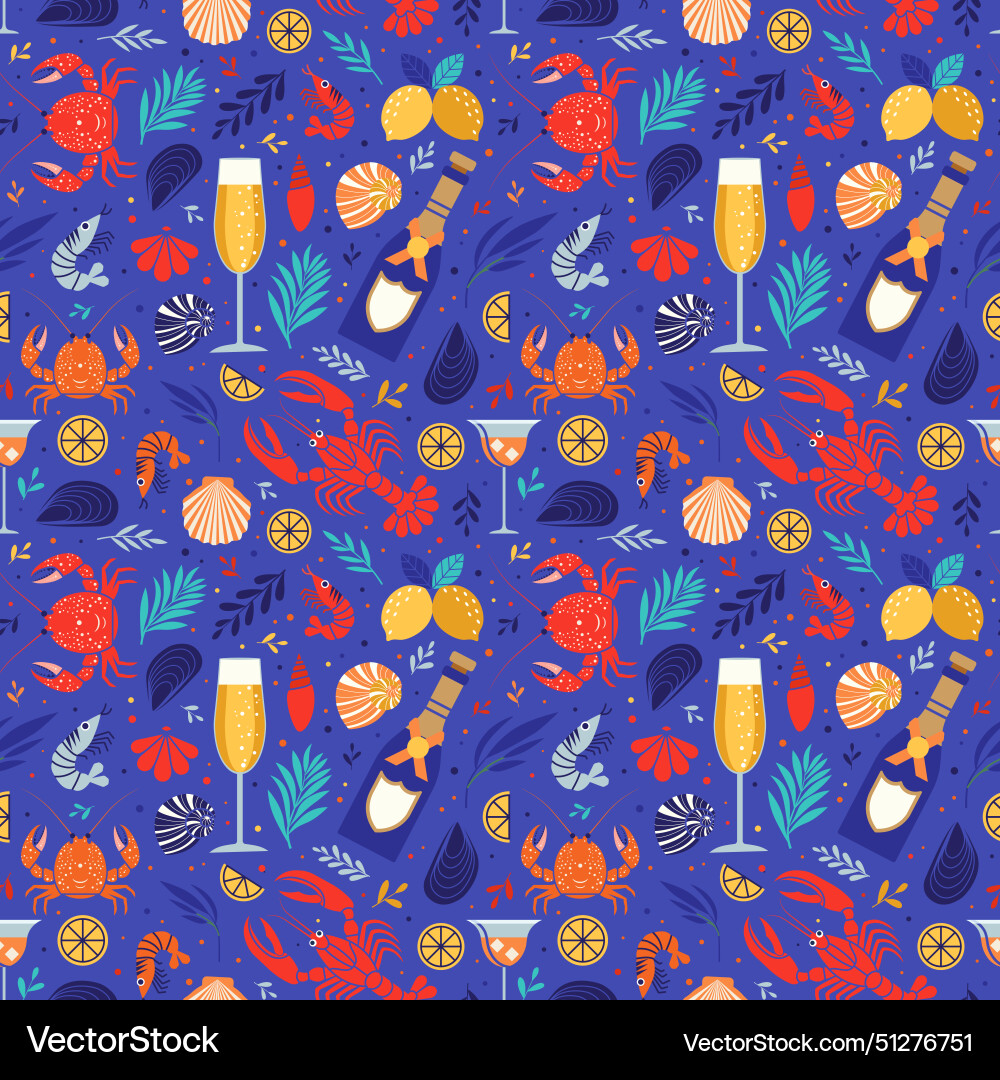 Seafood pattern with lobsters shrimps and drinks Vector Image