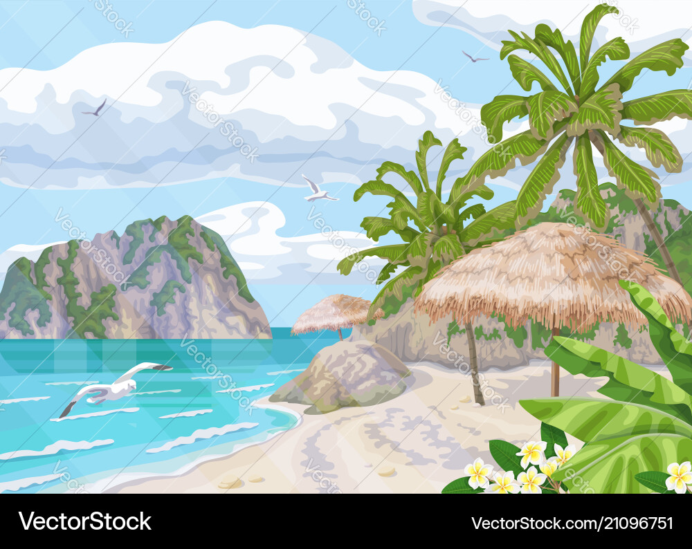 Tropical beach with parasol and palm trees Vector Image