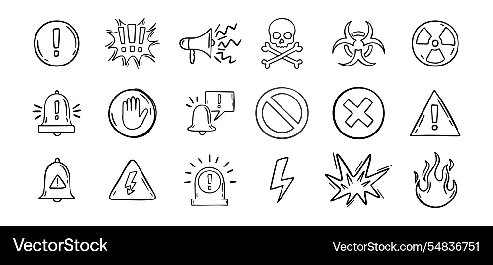 Warning doodle hand drawn icons set danger Vector Image