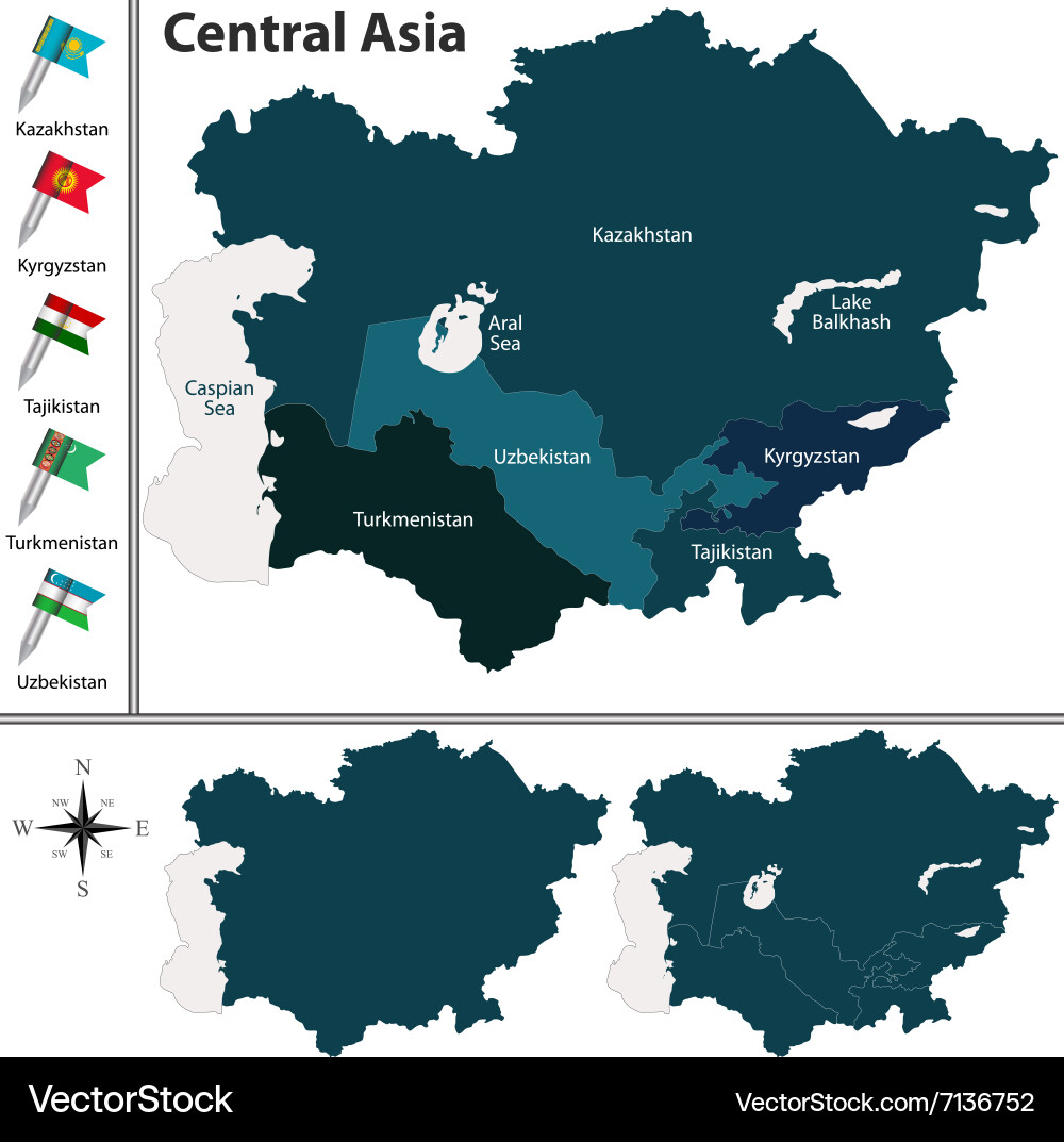 Central asia with flags Royalty Free Vector Image