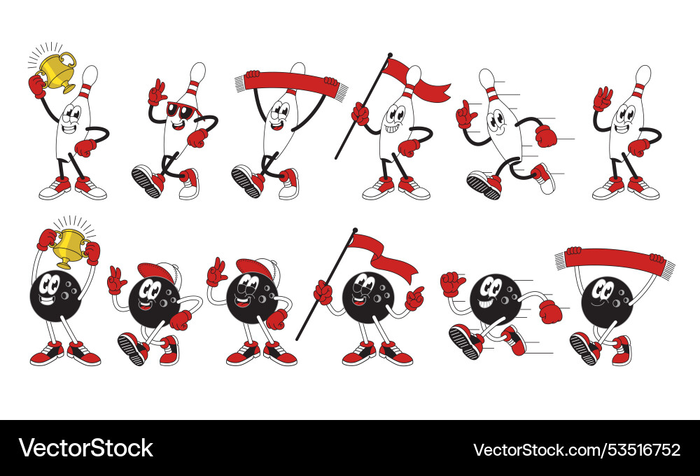 Cheerfull bowling cartoon character set collection