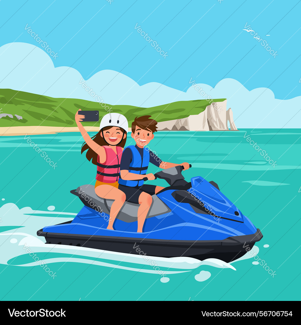 People riding jet ski taking a selfie in ocean Vector Image