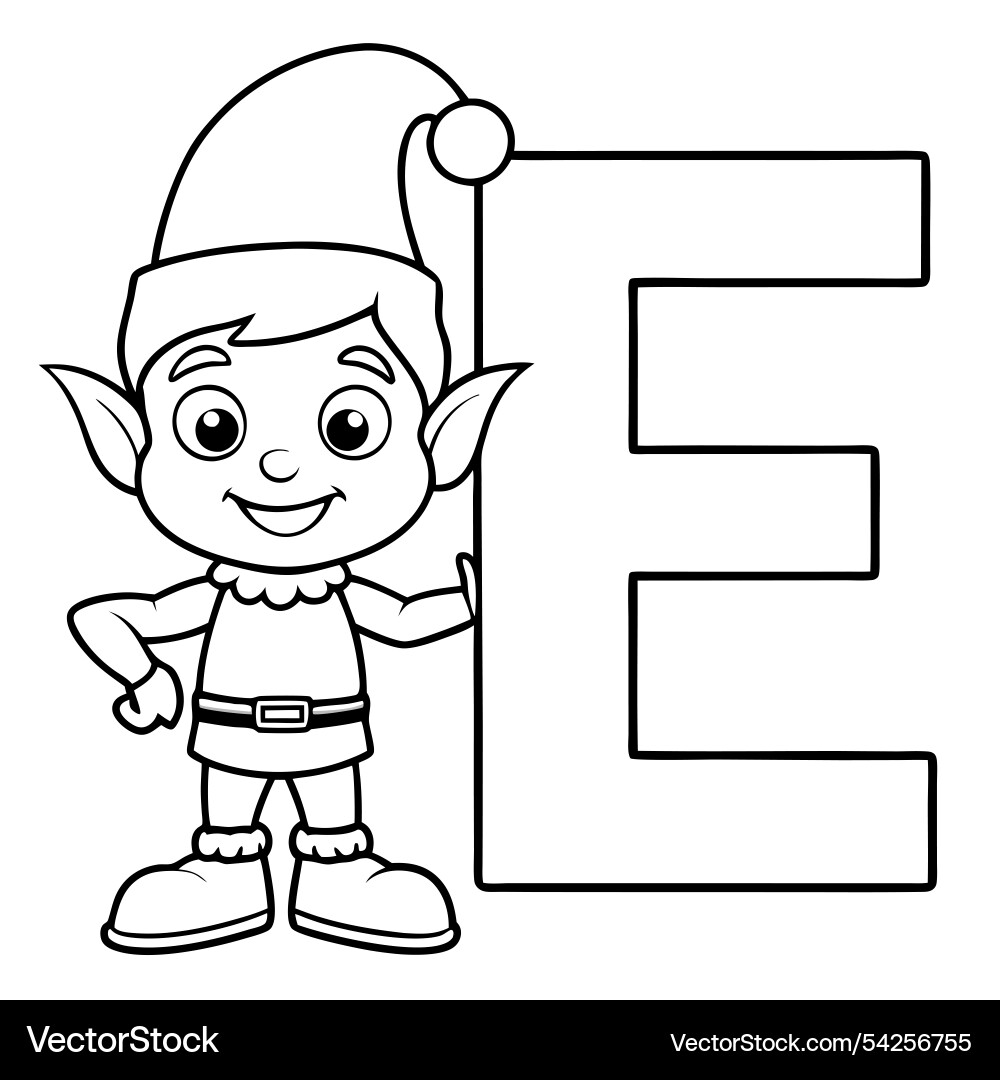 Big letter e with a small cheerful elf beside Vector Image