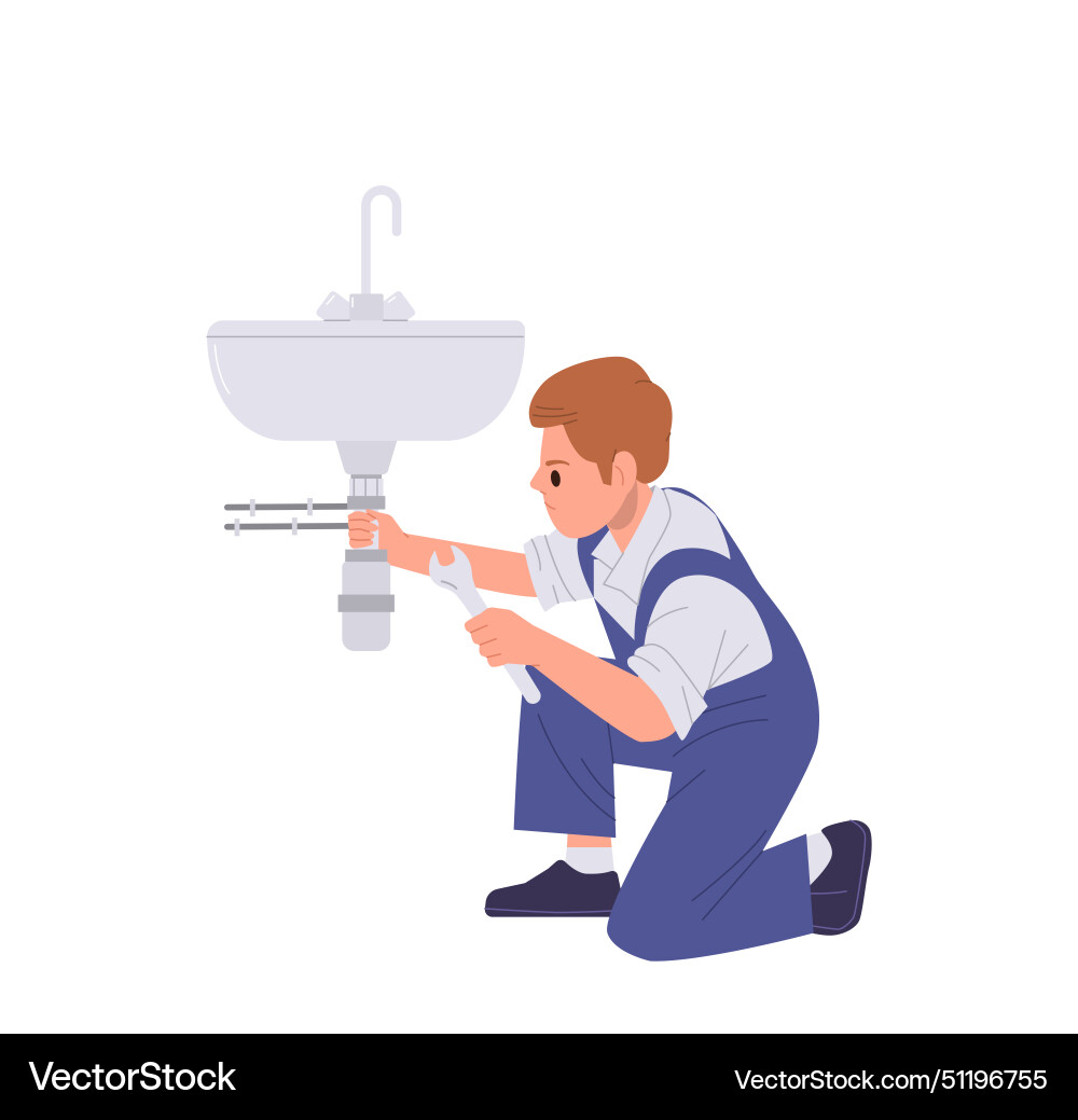 Handyman cartoon character fixing broken sink Vector Image