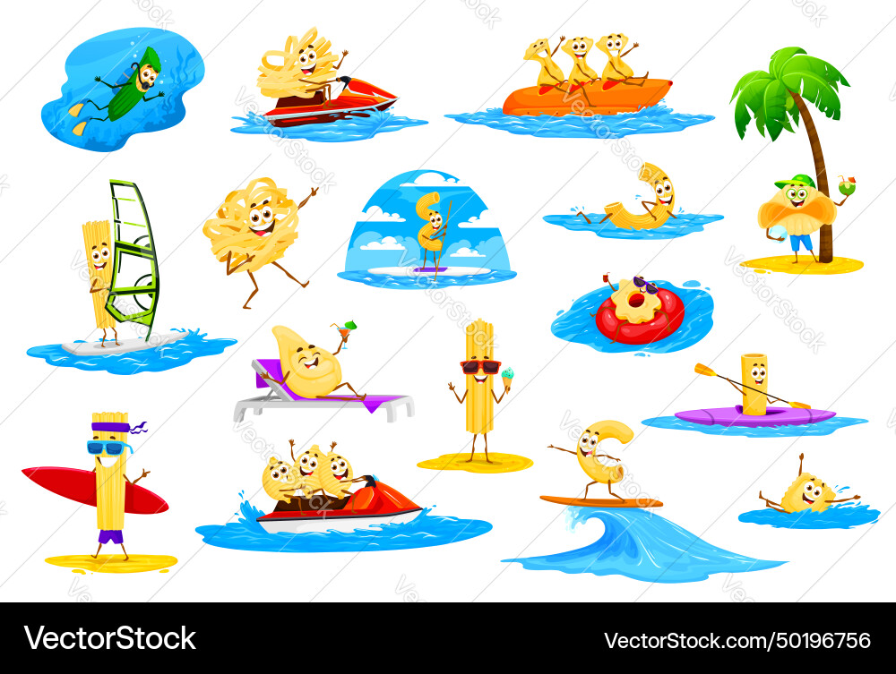 Cartoon Pasta Charaktere im Sommer Strand Urlaub Vektorbild