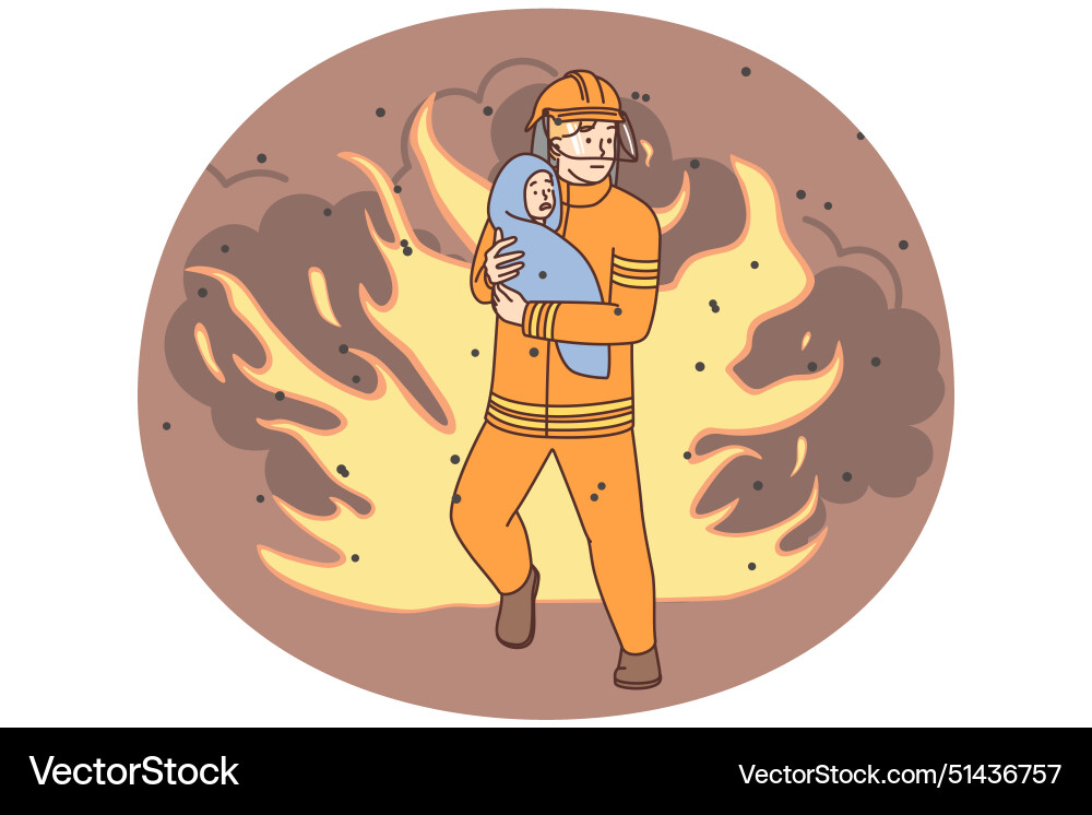 Firefighter rescue child from fire Royalty Free Vector Image