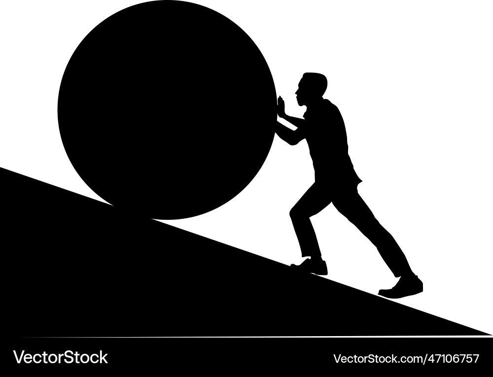 Man pushing big boulder uphill concept of fatigue Vector Image