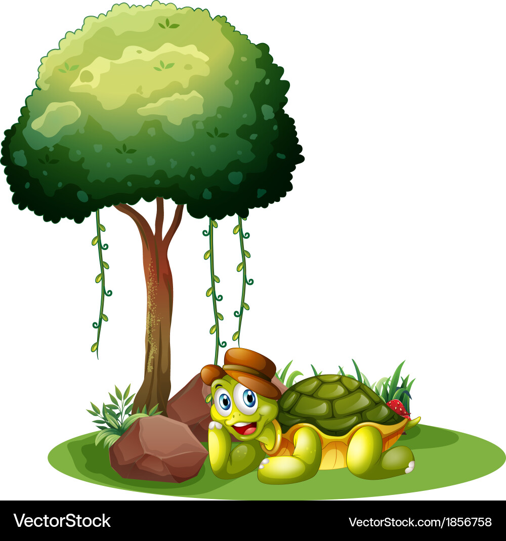 A smiling turtle near the rocks under tree Vector Image