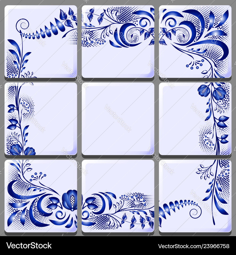 Blue floral drawing on ceramic tile national Vector Image