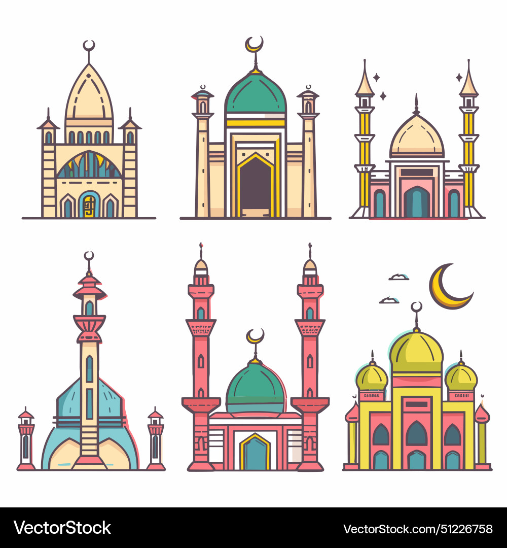Set colorful mosque detailed Royalty Free Vector Image